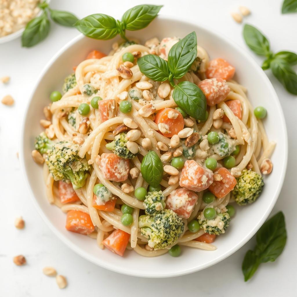 Sunn pasta, kremet pasta med grønnsaker, havremel pasta, plantebasert ...