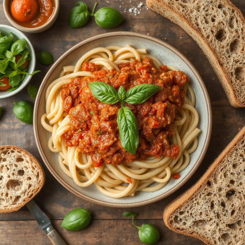 Pasta bolognese, sunnere pasta, plantebasert middag, fullkornspasta ...