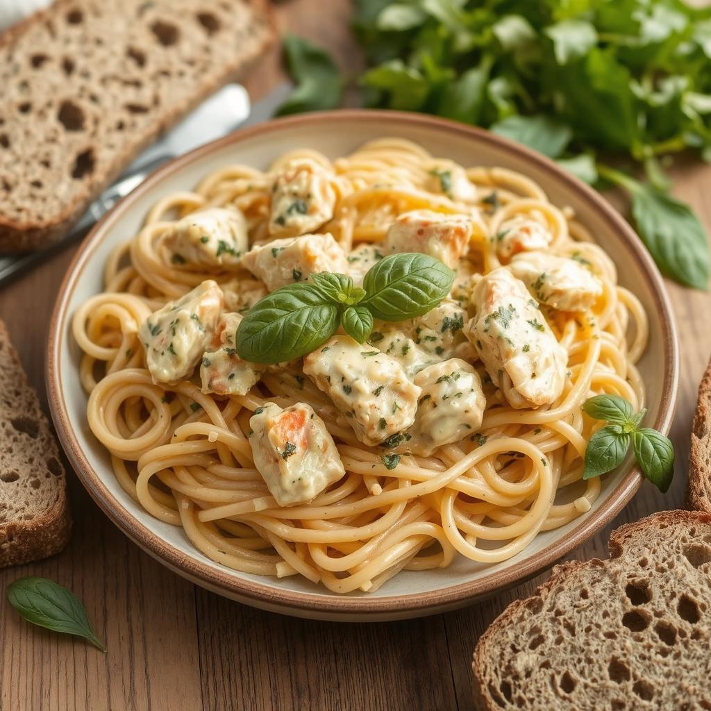 Pasta med kylling, sunn pasta, fullkornspasta, urtesaus med kylling ...
