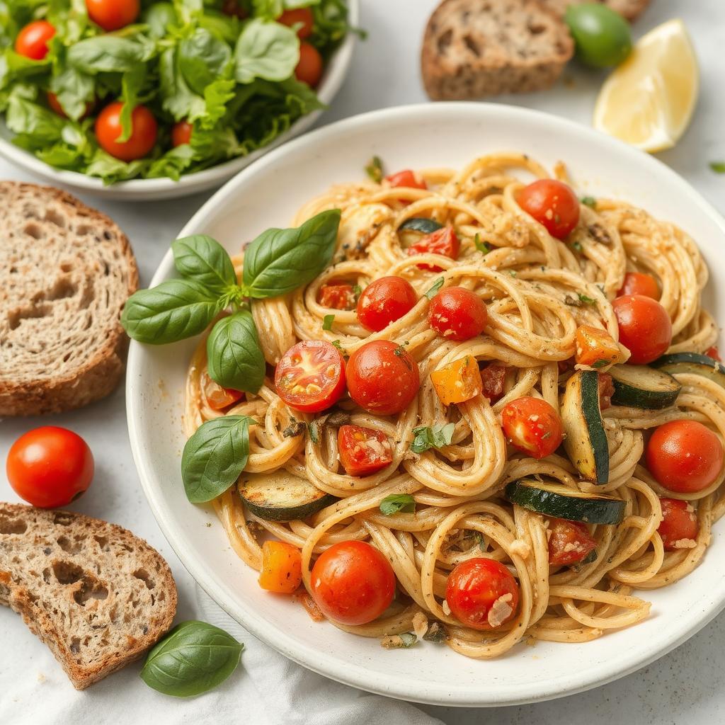 Vegetarpasta, sunn pasta, fullkornspasta, pasta med grønnsaker ...