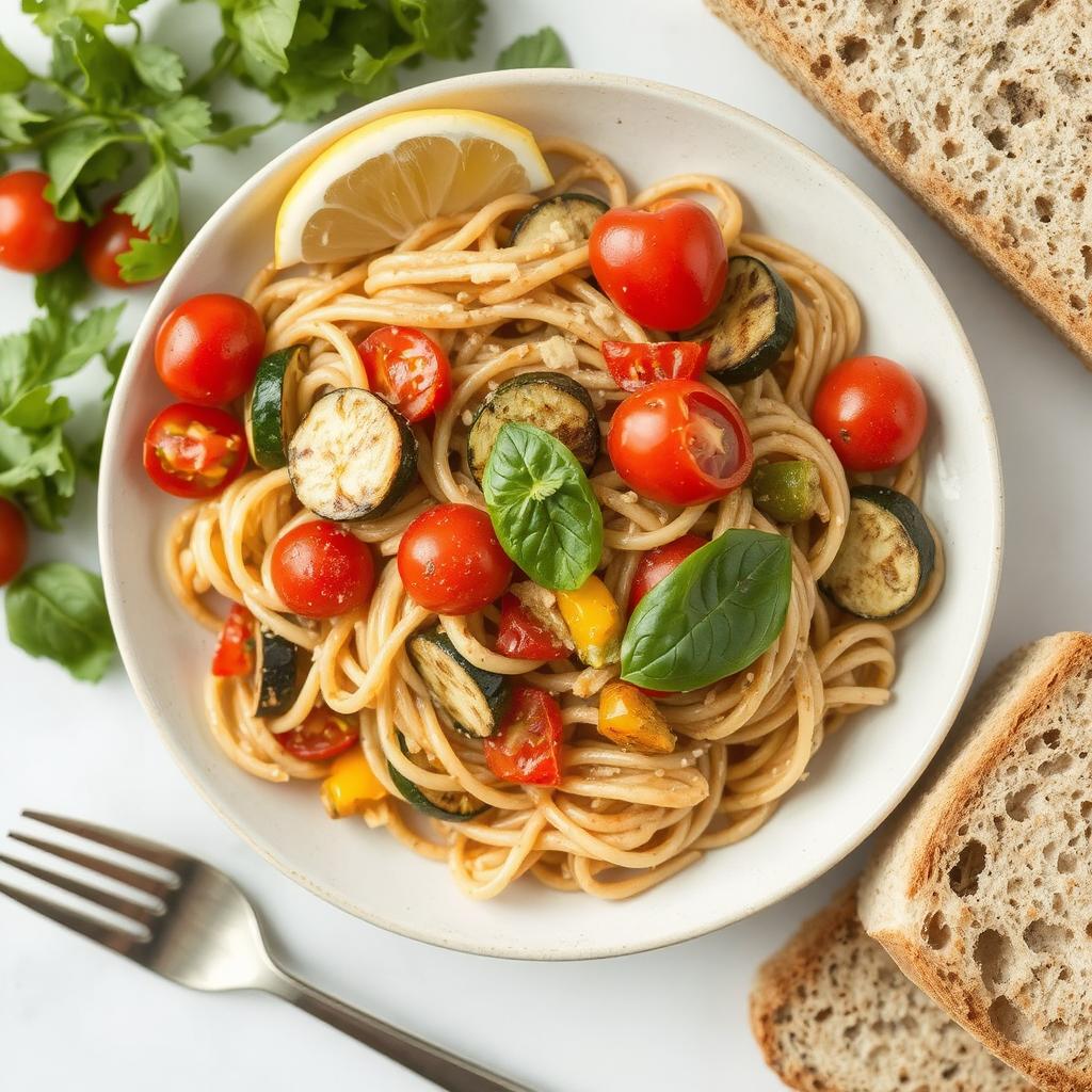 Sunn pasta, vegetarisk pasta, fullkornspasta, pasta med grønnsaker ...