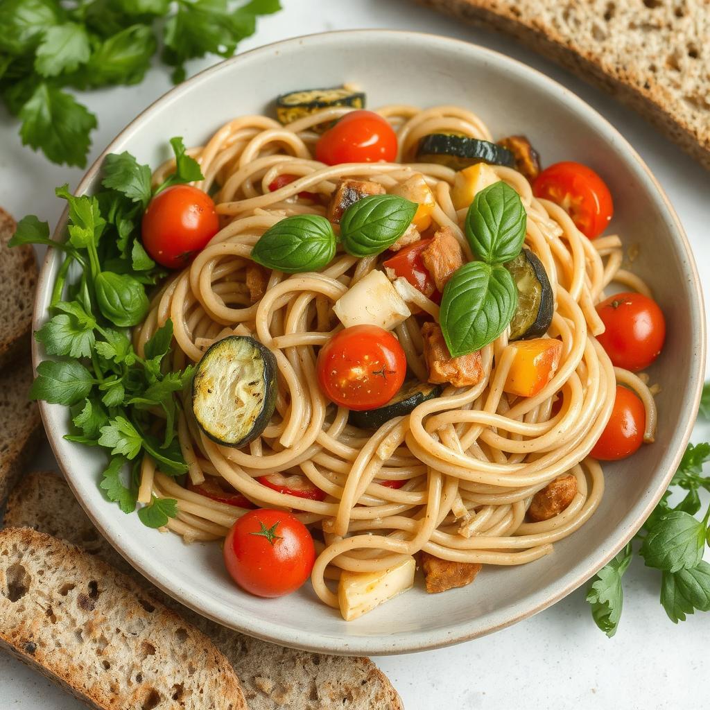 Sunn pasta, vegetarisk pasta, fullkornspasta, pasta med grønnsaker ...