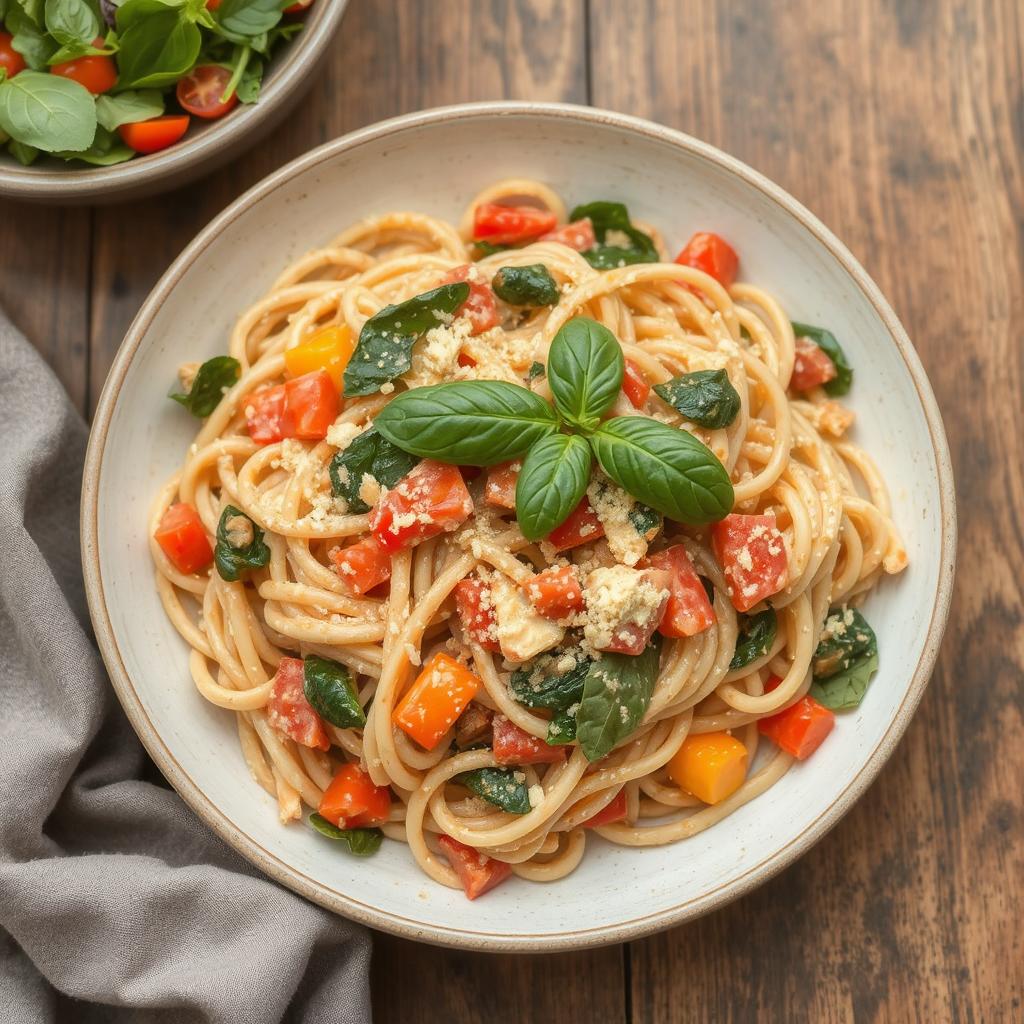 Sunn og smakfull kremet pasta med fullkorn og friske grønnsaker ...