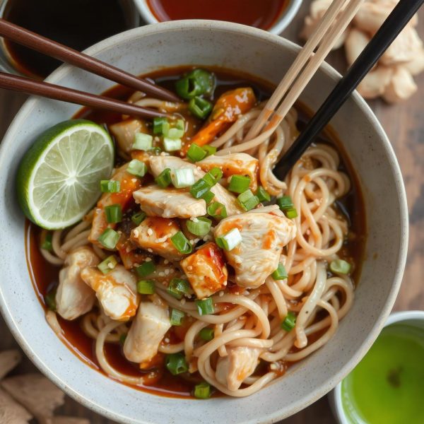 Udon-nudler med teriyaki-kylling, sprø grønnsaker og sesamfrø – en ...